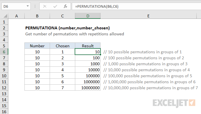 How To Use The Excel Permutationa Function Exceljet 8180